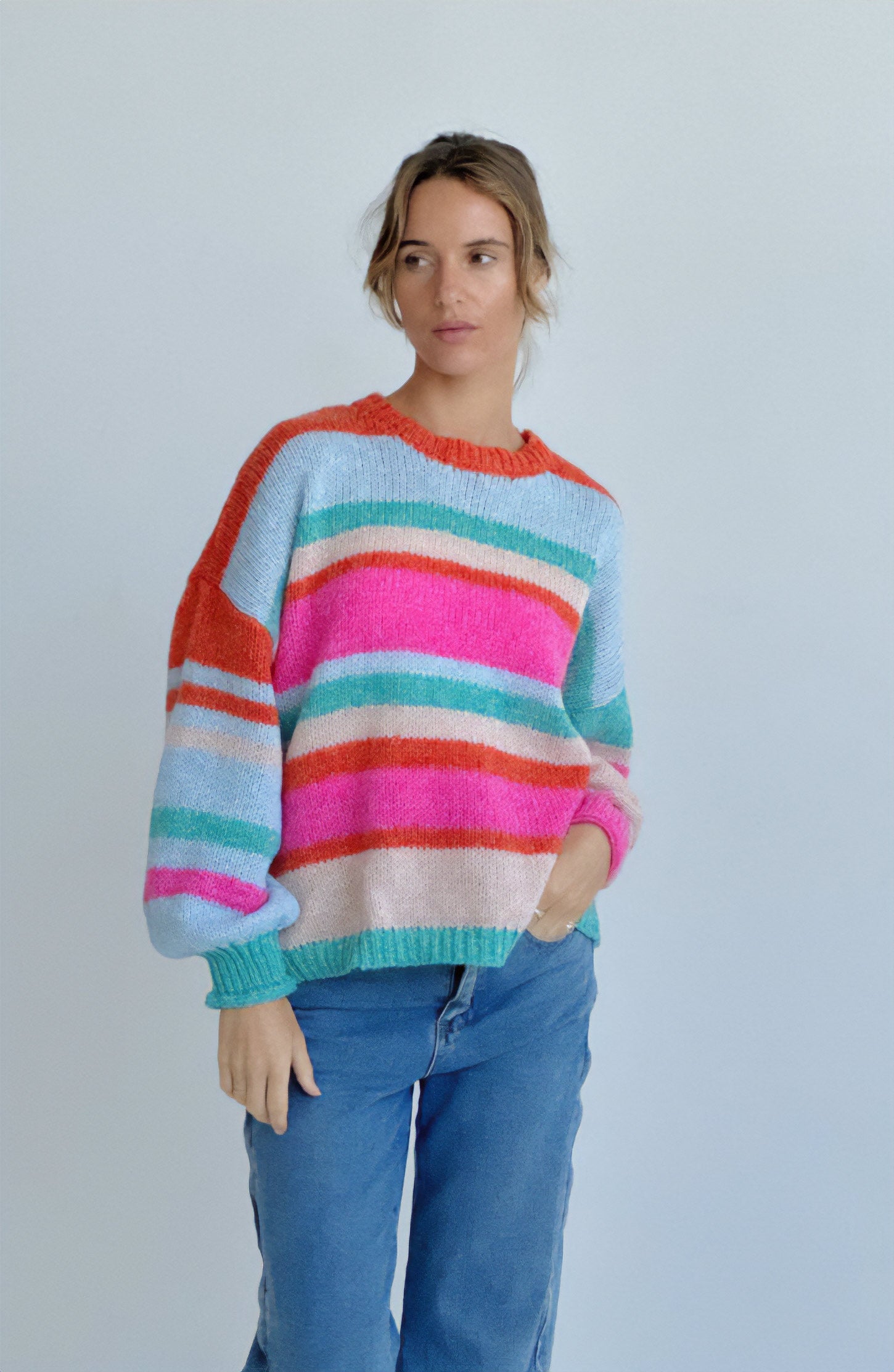 Playful Rainbow Stripe Jumper – Denim & Luxe